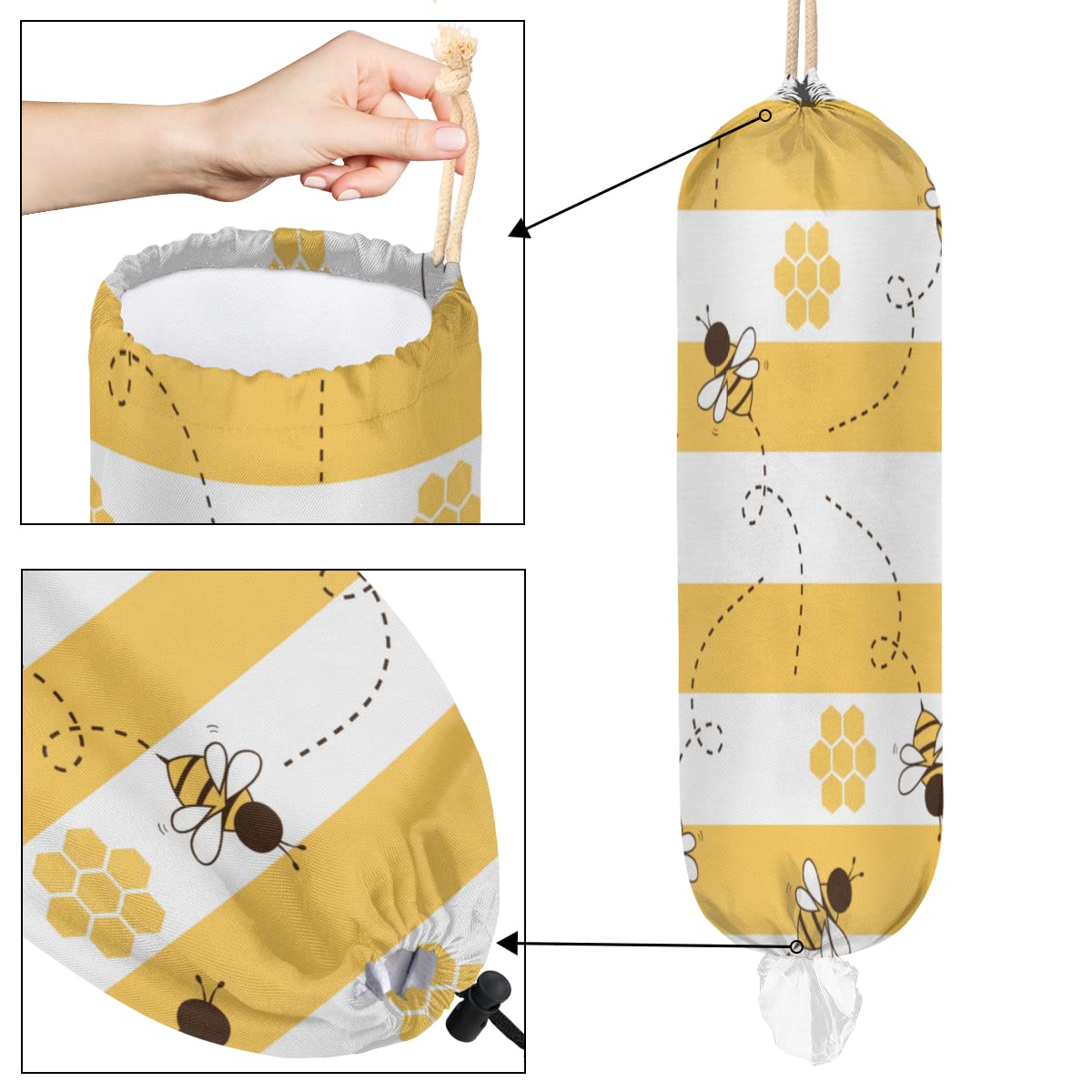 Cute Bee Plastic Bag Holder, Honeybee Honeycomb Grocery Bag Storage Holder Garbage Shopping Bag Trash Bags Organizer for Kitchen Home