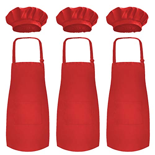 Novelty Place Kid's Apron with Chef Hat Set (3 Set) - Childrenâs Bib with Pocket Skin-friendly Fabrics - Cooking, Baking, Painting, Training Wear - Kid's Size (6-12 Year, Red)