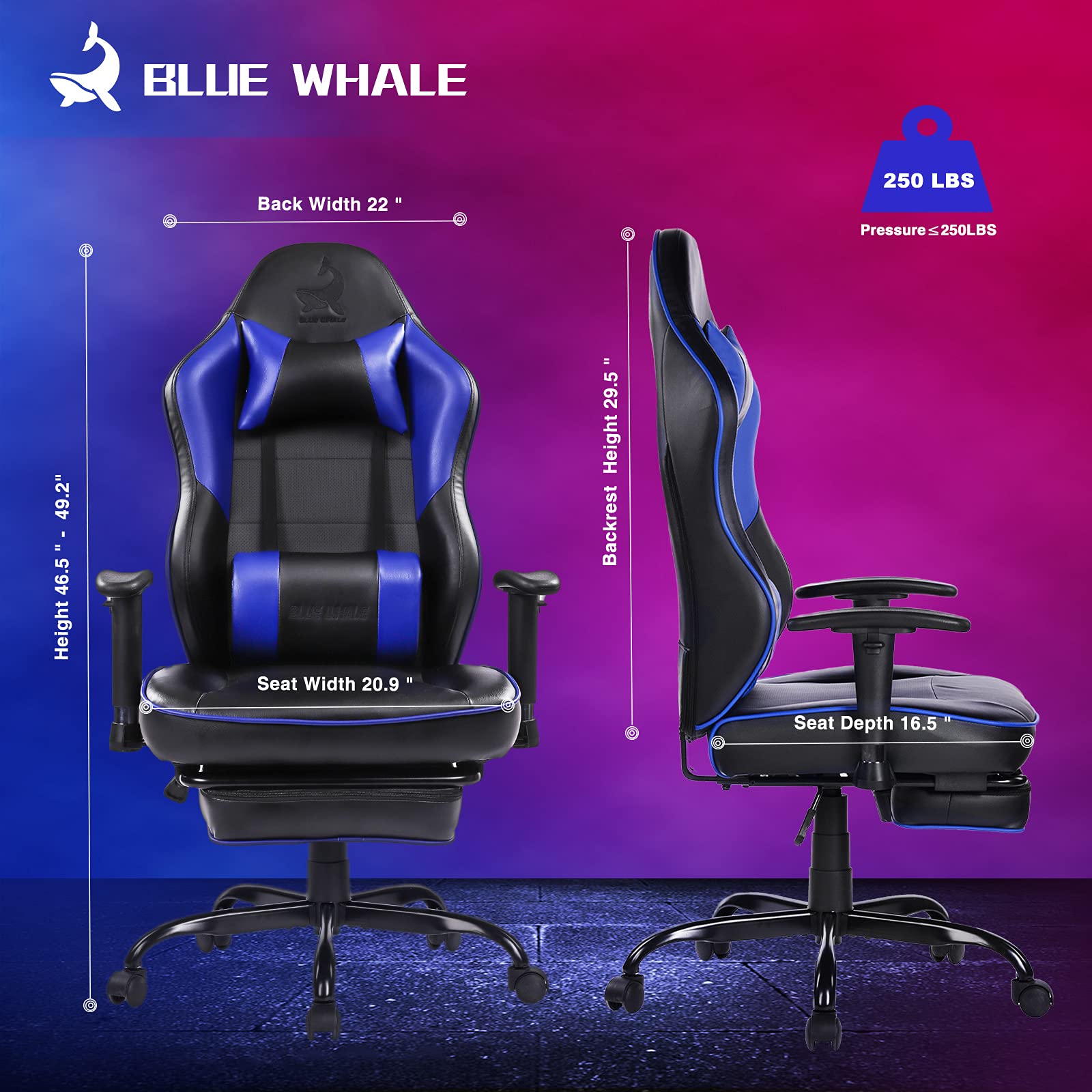 Blue Whale Massage Gaming Chair High Back Racing Computer Desk Chair Swivel Ergonomic Executive Leather Office Chairs with Adjustable Armrests and Footrest