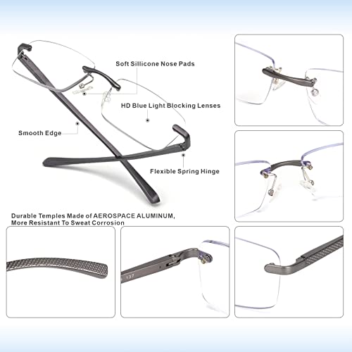 Missfive Premium Aluminum Progressive Multifocus Reading Glasses Men Blue Light Blocking, No-Line Spring Hinge Rimless Office Multifocal Metal Readers, Workspace for Mid-Near Range(3.0x, Gunmetal)