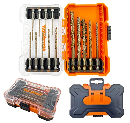 NordWolf 14-Piece M35 Cobalt Jobber Drill Bit Set for Stainless Steel, Metal, Cast Iron and Wood, with 1/4" Hex Shank for Quick Chucks & Impact Drivers, SAE Sizes 1/16" to 3/8" in Storage Box