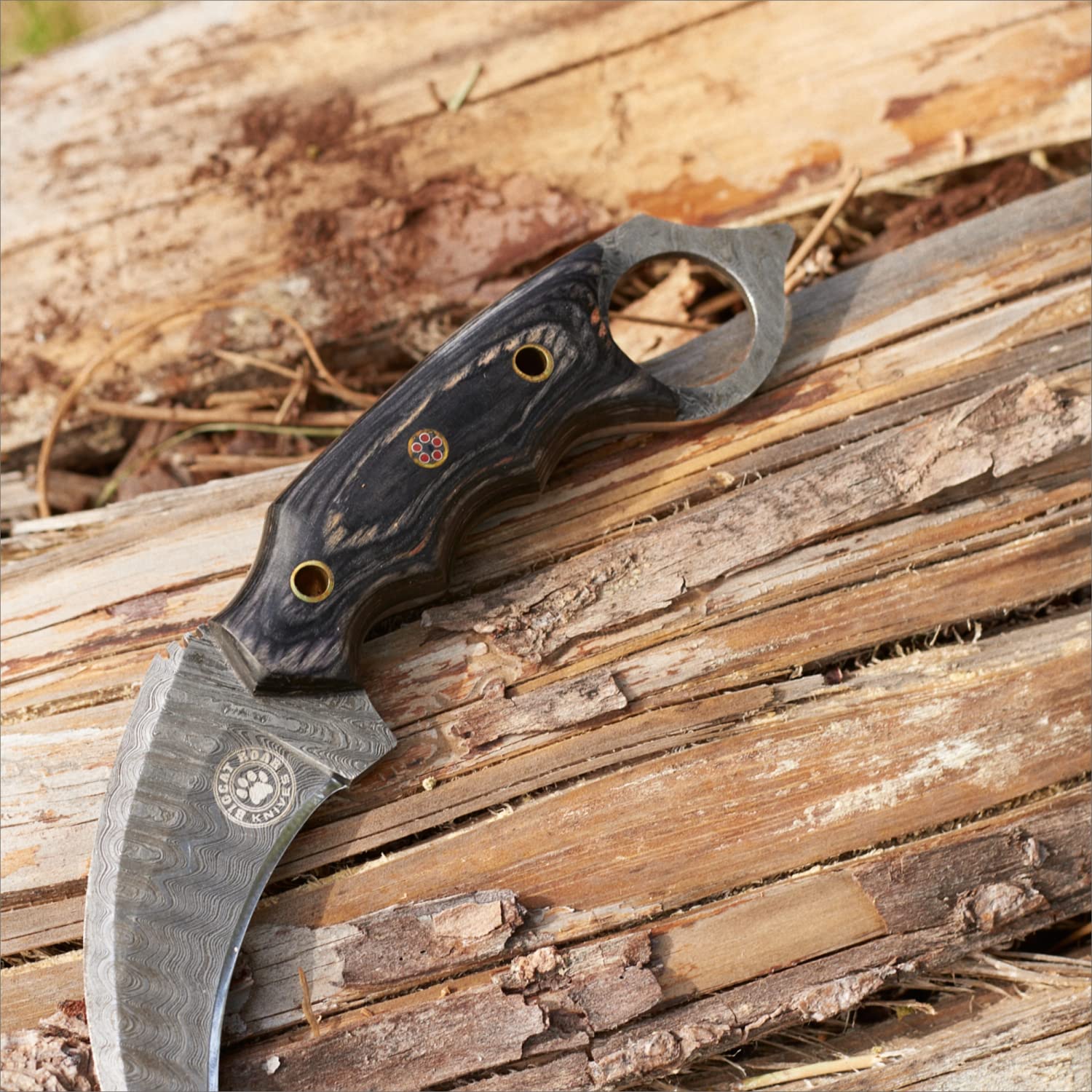 BIGCAT ROAR 7.5″ Handmade Karambit Damascus Hunting Knife with Leather Sheath - Ideal for Skinning, Camping, Outdoor - Full Tang Fixed Blade Karambit Knife with Walnut Wood Handle - Desert Fox