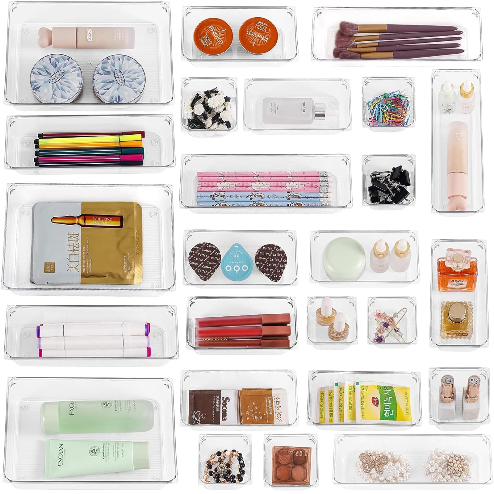 Drawer Organizer Set of 25,4 Sizes Clear Plastic Desk Drawer Divider Storage Bins for Bathroom,Dresser Desk Drawer Tray for Jewelry, Makeup, Junk, Gadgets