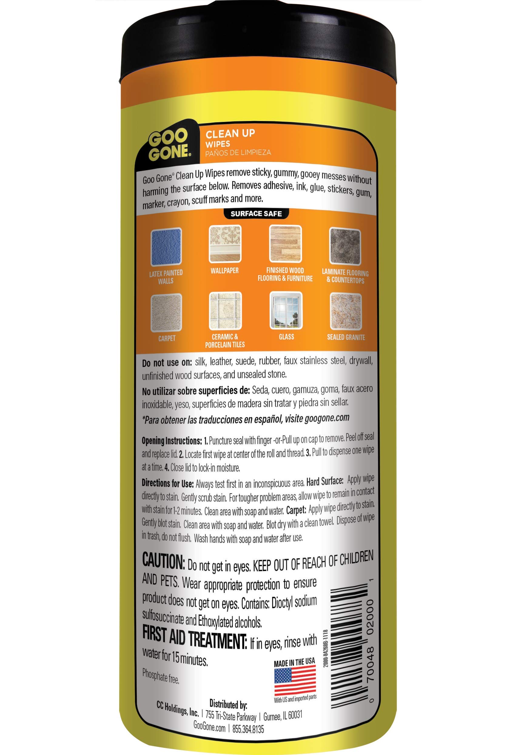 Goo Gone Clean Up Wipes Adhesive Remover - 24 Count - Removes Adhesive Residue Labels Stickers Crayon Tree Sap Gum Masking Tape Glue and More