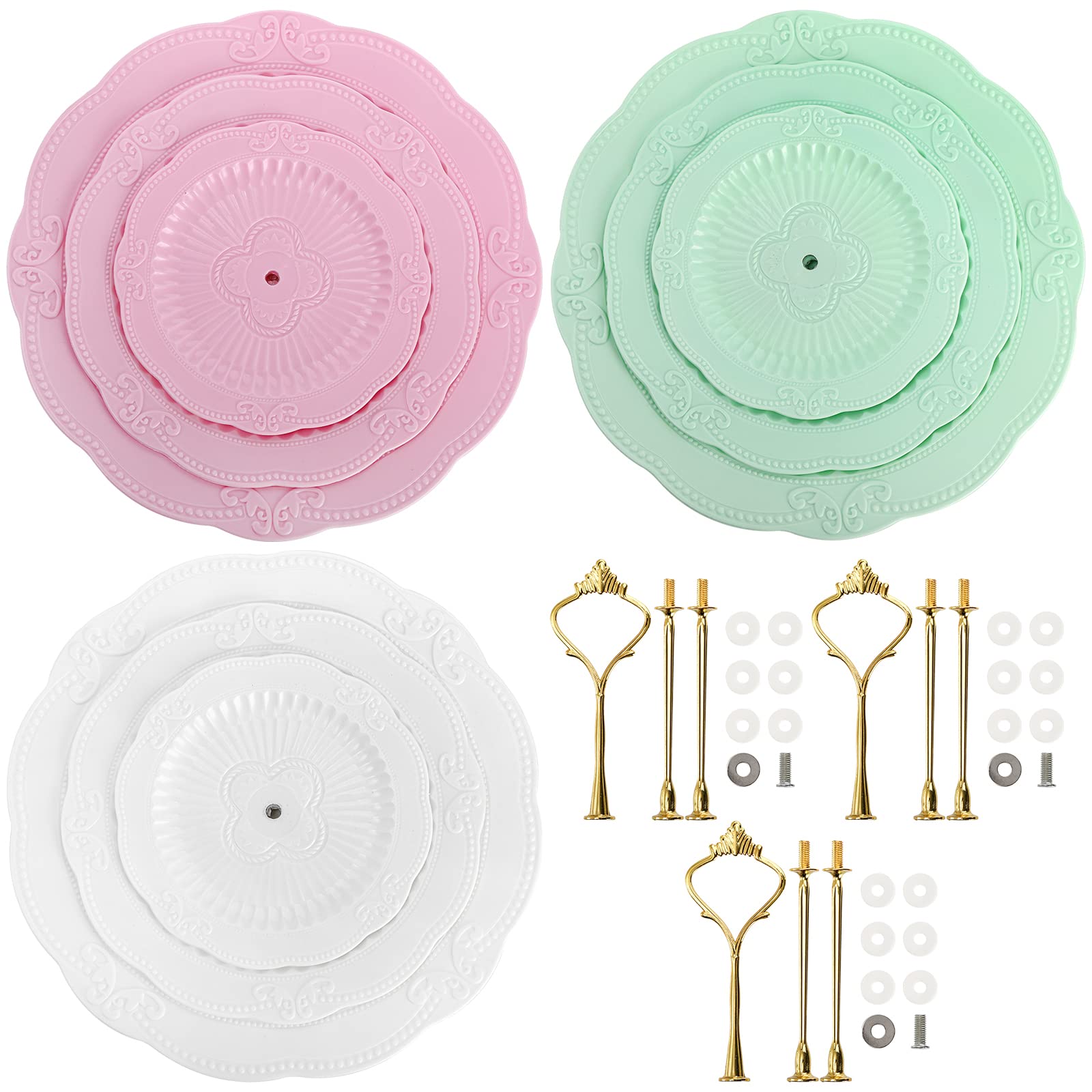 Dicunoy 3 Pack Plastic Cupcake Stands, 3 Tiered Dessert Trays for Display, Embossed Serving Plate Tower Holder, Tea Party Tray for Fruits, Snack, Candy, Buffet, Parties, Wedding, Birthday, Christmas