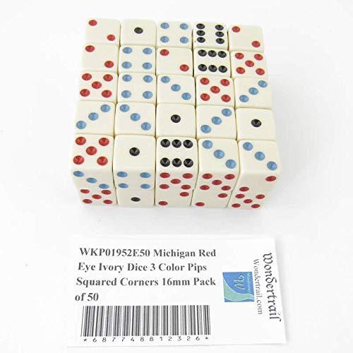 Michigan Red Eye Ivory Dice with 3 Color Pips Squared Corners 16mm (5/8in) Pack of 50 Wondertrail