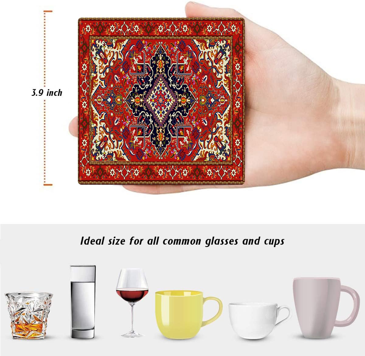 Bribay Coasters for Drinks Set of 6, Tribal Turkish Geometric Pattern Absorbent Square Ceramic Stone Mat, with Cork Base and Metal Holder, Gift for Housewarming Room Bar Decor