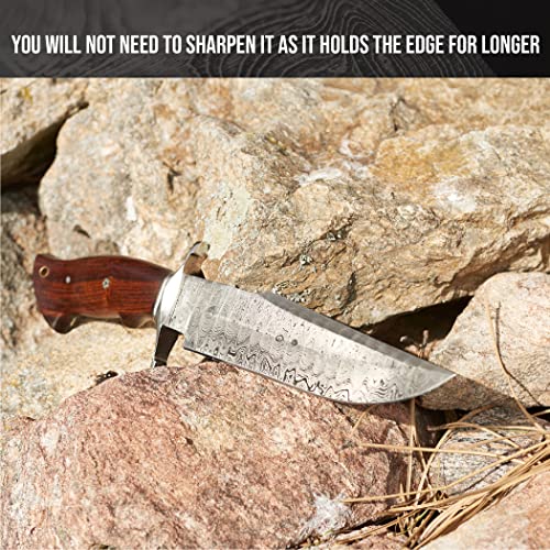 BIGCAT ROAR Handmade Damascus Hunting Knife - Bushcraft Fixed Blade Hunting Knife with Sheath and Walnut Wood Handle - 15″ EDC Skinning Knife - Screaming Eagle