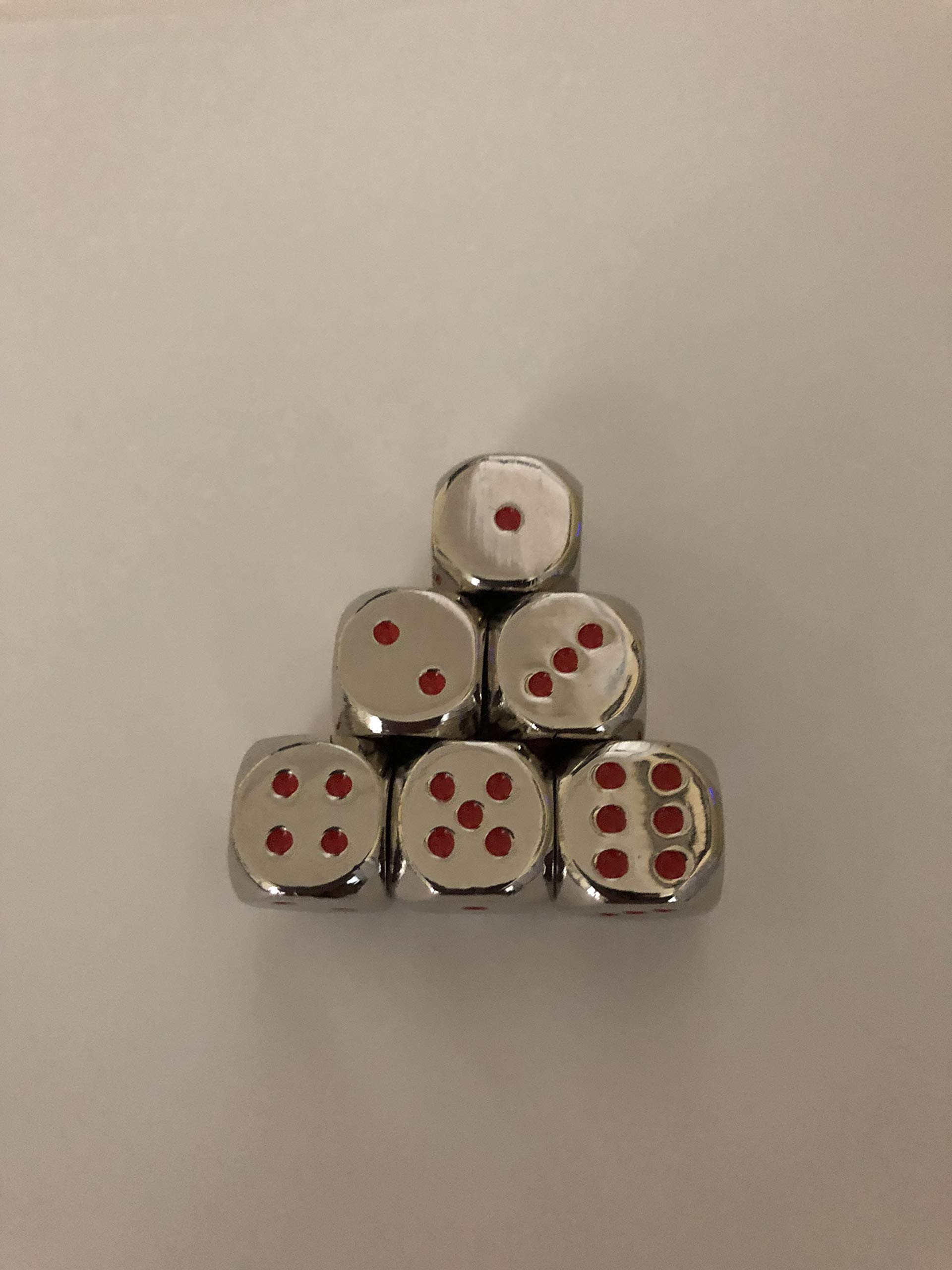 Set of 6 Dice World Solid Zinc Alloy Metal Dice (16mm) with Red Pips