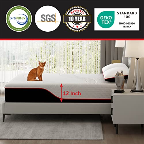 MLILY King Mattress, Manchester United 12 Inch Memory Foam Bamboo Charcoal Mattress, Cool Sleep & Pressure Relief, Made in USA, White