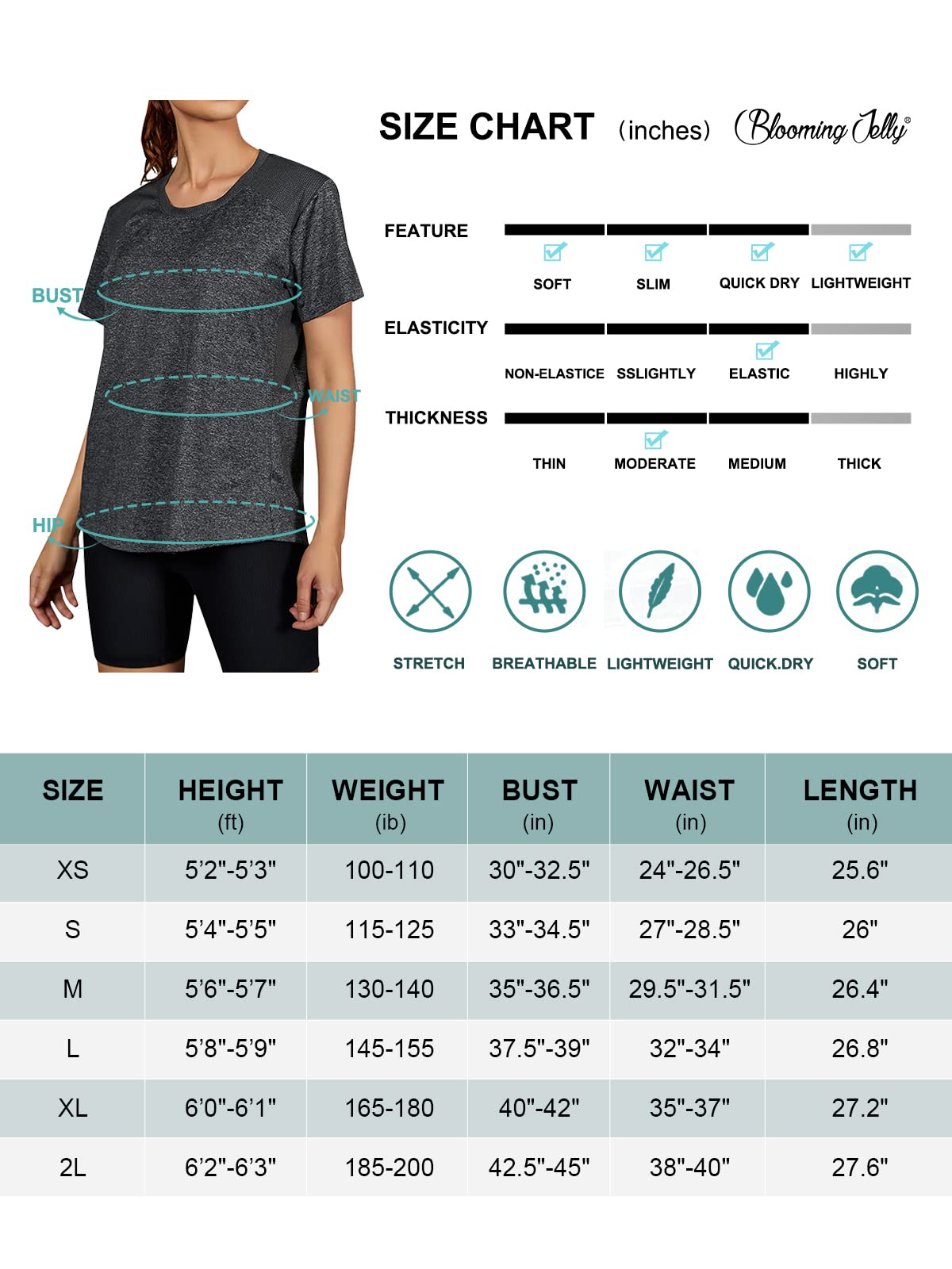 Blooming Jelly Womens Gym Shirts Short Sleeve Loose Fit Athletic Tees Moisture Wicking Crew Neck Running Tops (Large, Dark Grey)