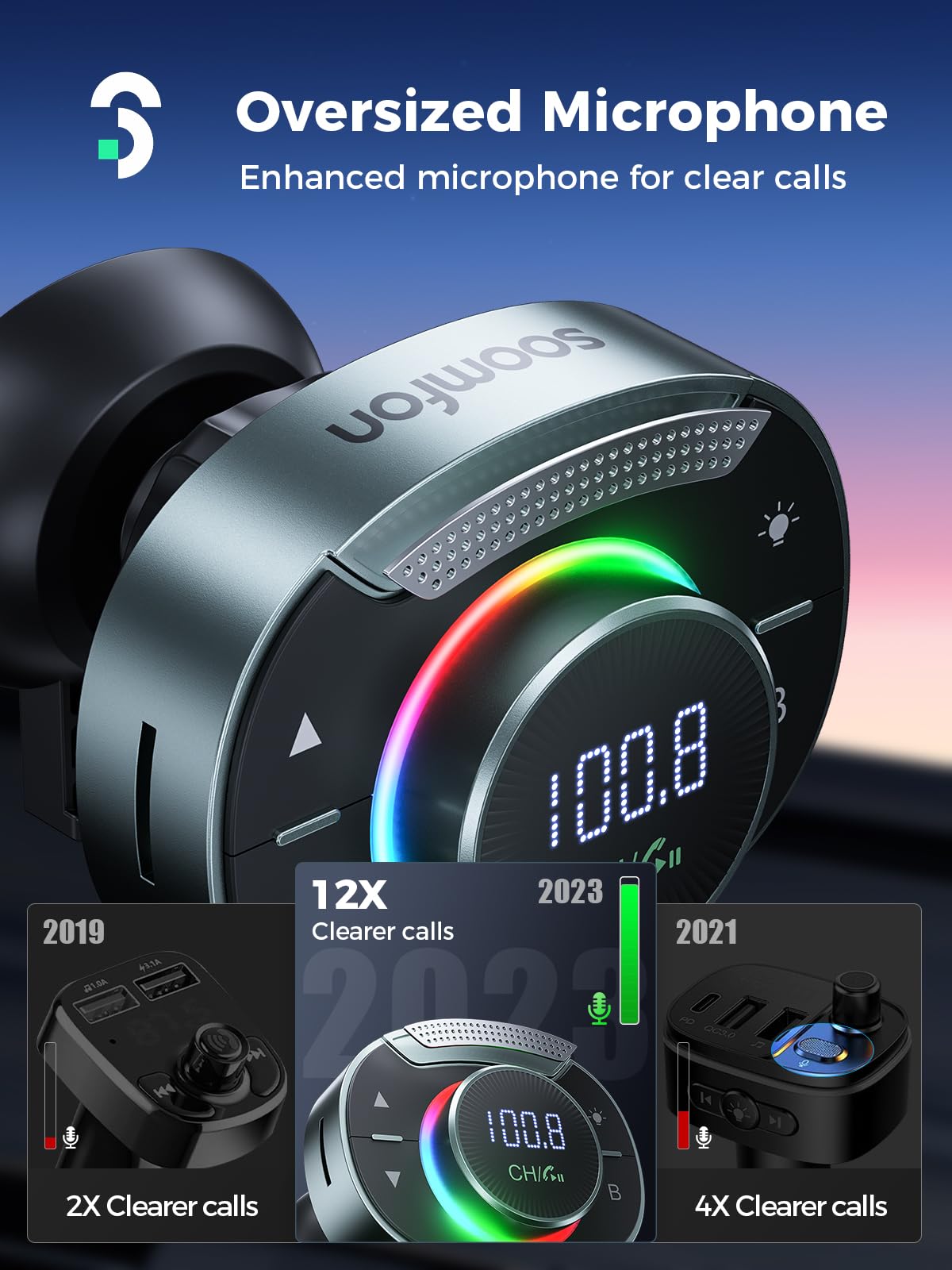 Bluetooth 5.3 FM Transmitter for Car - SOOMFON Bluetooth Car Adapter with Big Mic Bass Stereo Hi-Fi Sound, PD30W QC18W FM Bluetooth Transmitter Car Charger Support Hands-Free Calls, Aux Out, TF Card