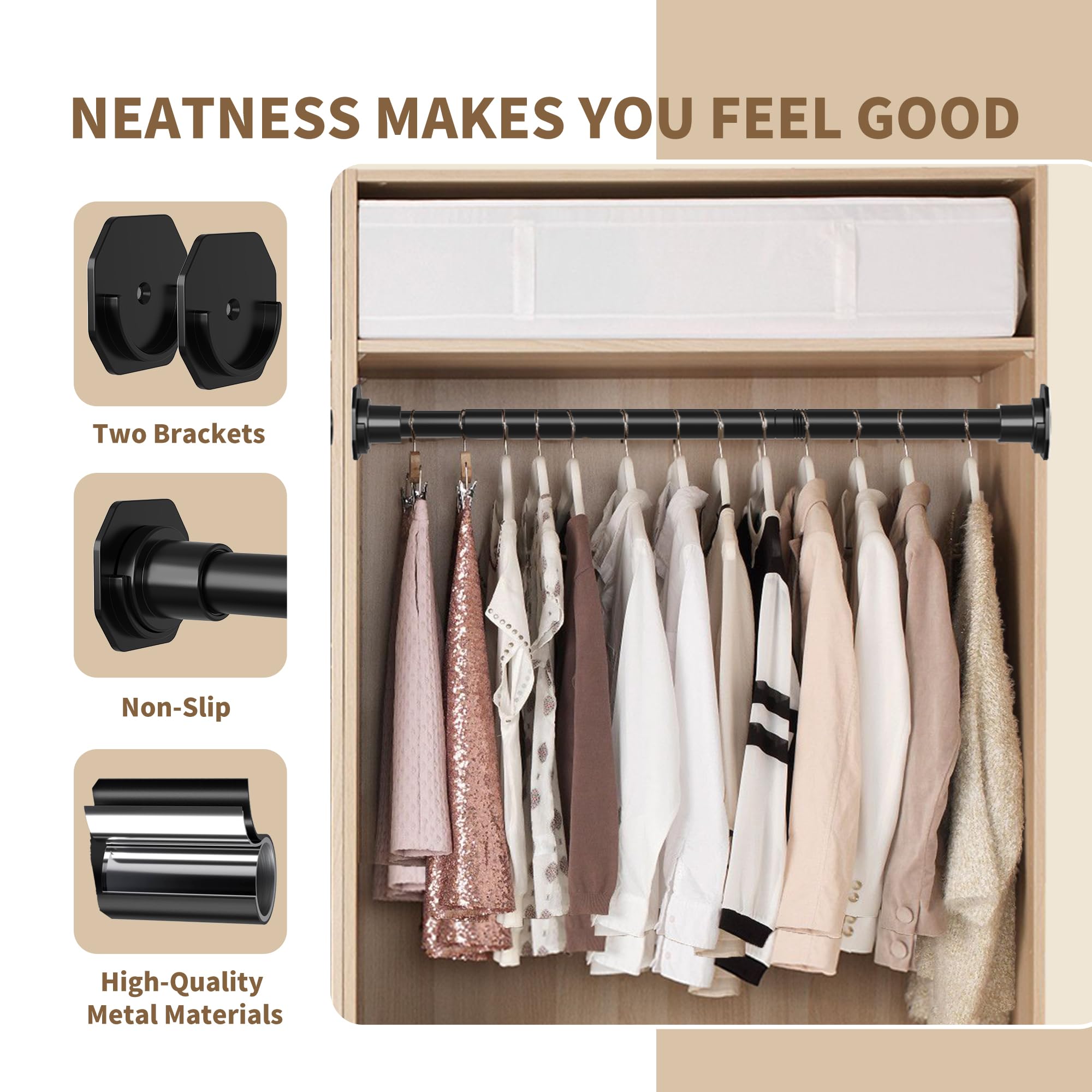 Closet Rod 30-52 Inches,No Drilling Adjustable Closet Rods for Hanging Clothes,Space Saving Tension Spring Pole Closet Bar for Wardrobes(With Holder)