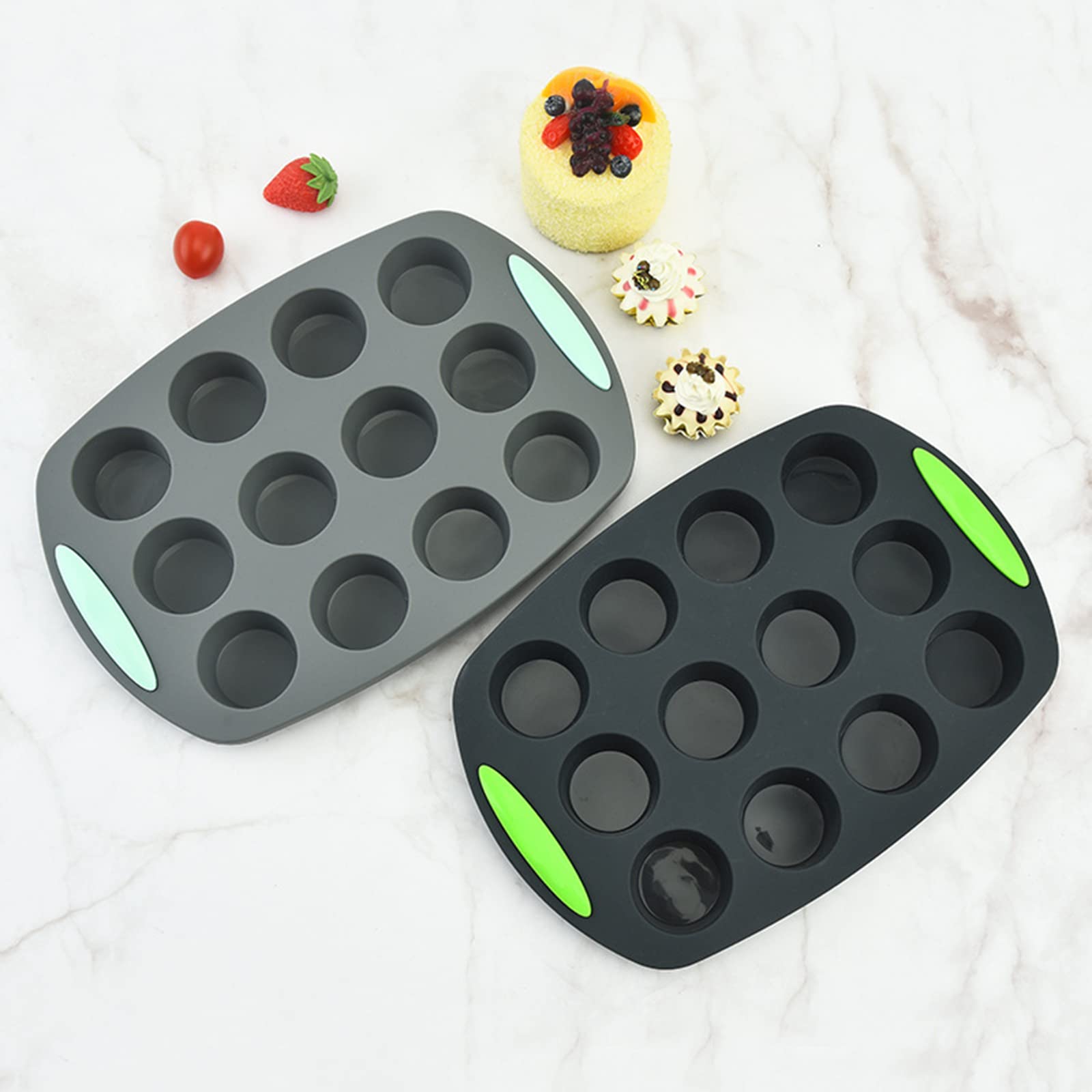 BesoAbrazo Silicone Muffin Pan 12 Cups Mini Size, Non-stick and Easy Pop Out Muffin Tin, Good Grip Perfect Result Cupcake Baking Tray, Egg Tart Bite Mini Pie Molds, Dark Grey