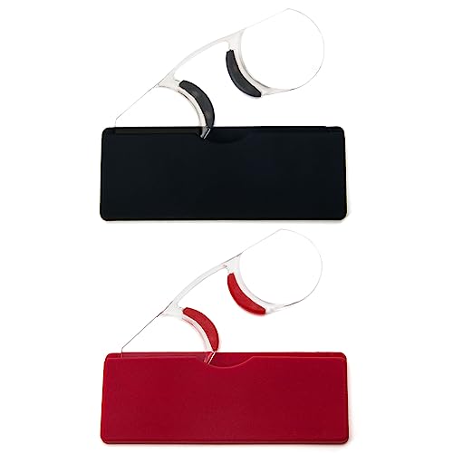 MMOWW Nose Pinching Armless Reading Glasses,2 Pack Ultra Slim Pocket Size Readers with Mini Portable Case (Black+Red,2.0)