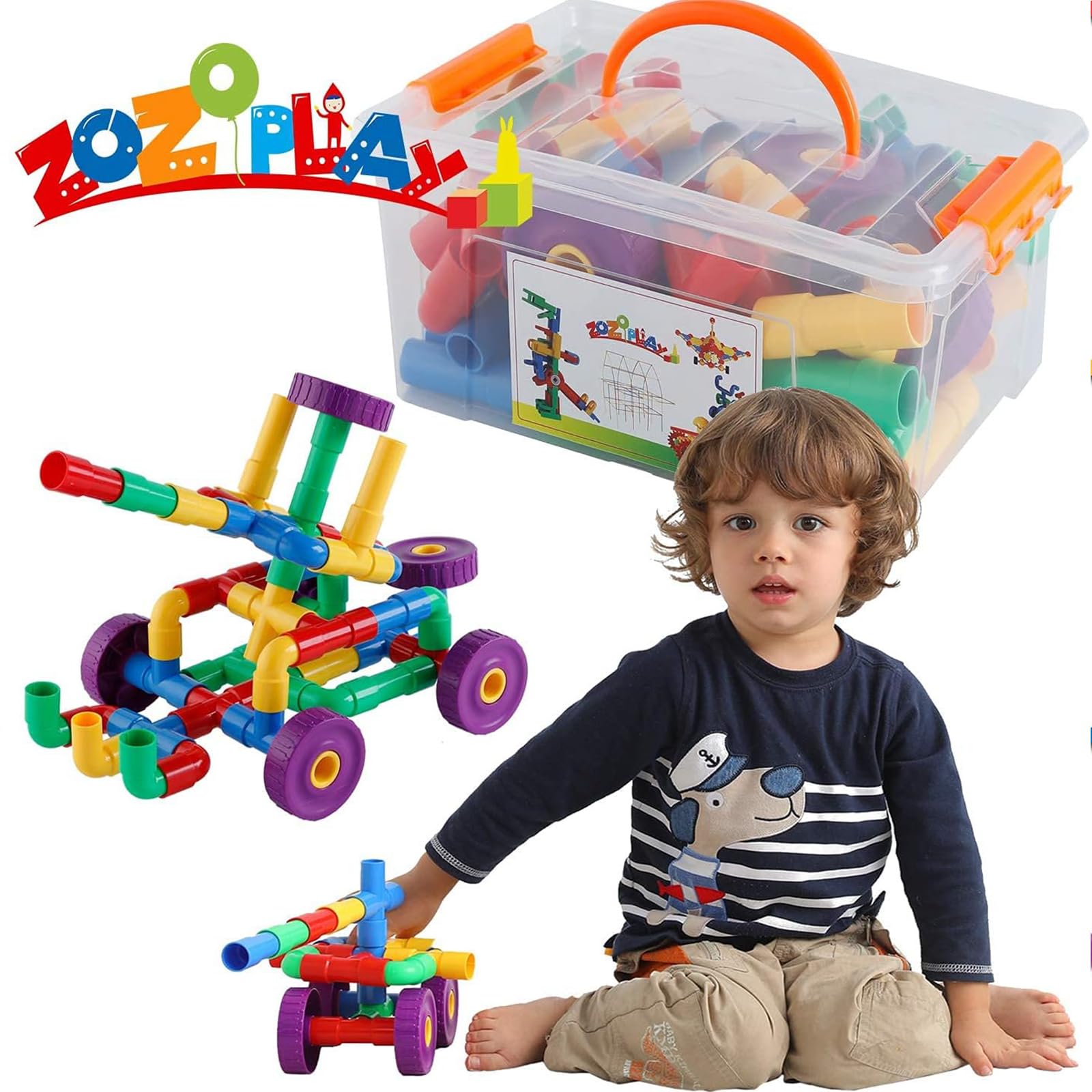 ZOZOPLAY STEM Learning Toy Tubular Pipes & Spouts & Joints 64 Piece Build Bicycle, Tank, Scootie, Moter Skills Endless Designs Educational Building Blocks Set for Kid Ages 3+ Multicolor