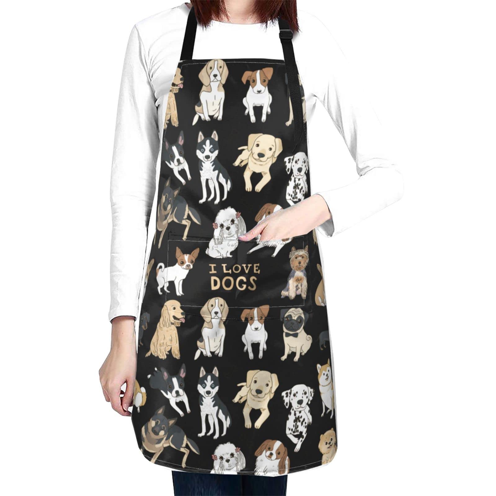 Cute Dog Grooming Apron,Funny Pet Grooming Waterproof Aprons for Women With 2 Pockets & Adjustable Neck,Black Gold Chef Aprons Christmas Gifts for Kitchen Cooking Baking Gardening