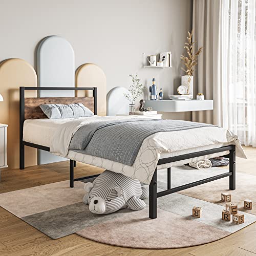 FOUBAM Twin Bed Frame with Wood Headboard,Farmhouse Bed Twin Metal Platform Bed Frames No Box Spring Needed,Firm Mattress Foundation Steel Slats Support,Under Bed Storage Without Noise,Vintage Brown