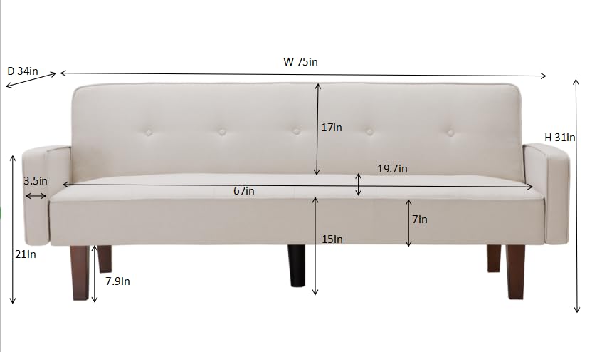 Eafurn Button Tufted Futon Bed, Modern Convertible Loveseat, Comfy Upholstered Folding Sofa & Couches with Armrest for Apartment, Compact Sofabed, Beige 74.8" Linen w/Wooden Legs