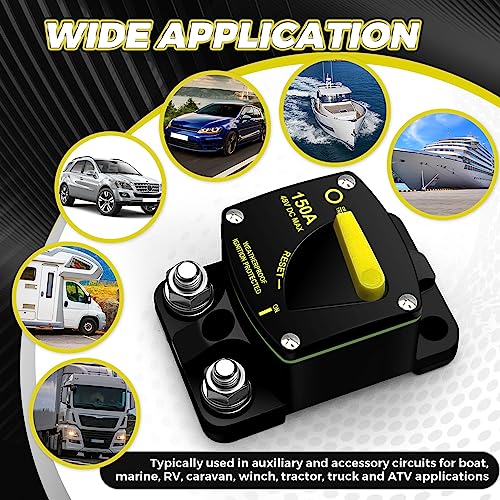 BULVACK 150 Amp High Amp Marine Rated Circuit Breaker for Boat Trolling Motor with Manual Reset Switch, Water Proof, 12V- 48V DC