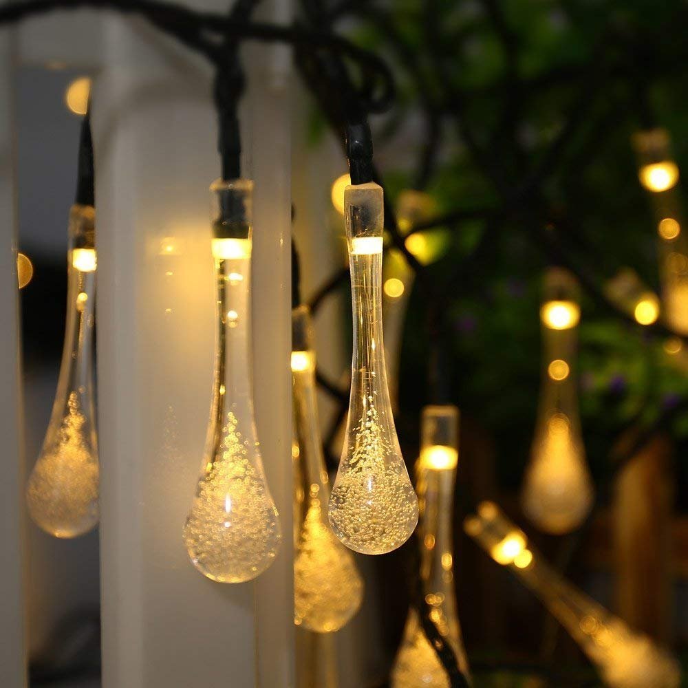 SEYEON Solar String Lights Water Drop Decorative Lights String Waterproof Outdoor Garden Fairy Lights for Patio, Yard, Home, Parties 2-Pack (Warm White)