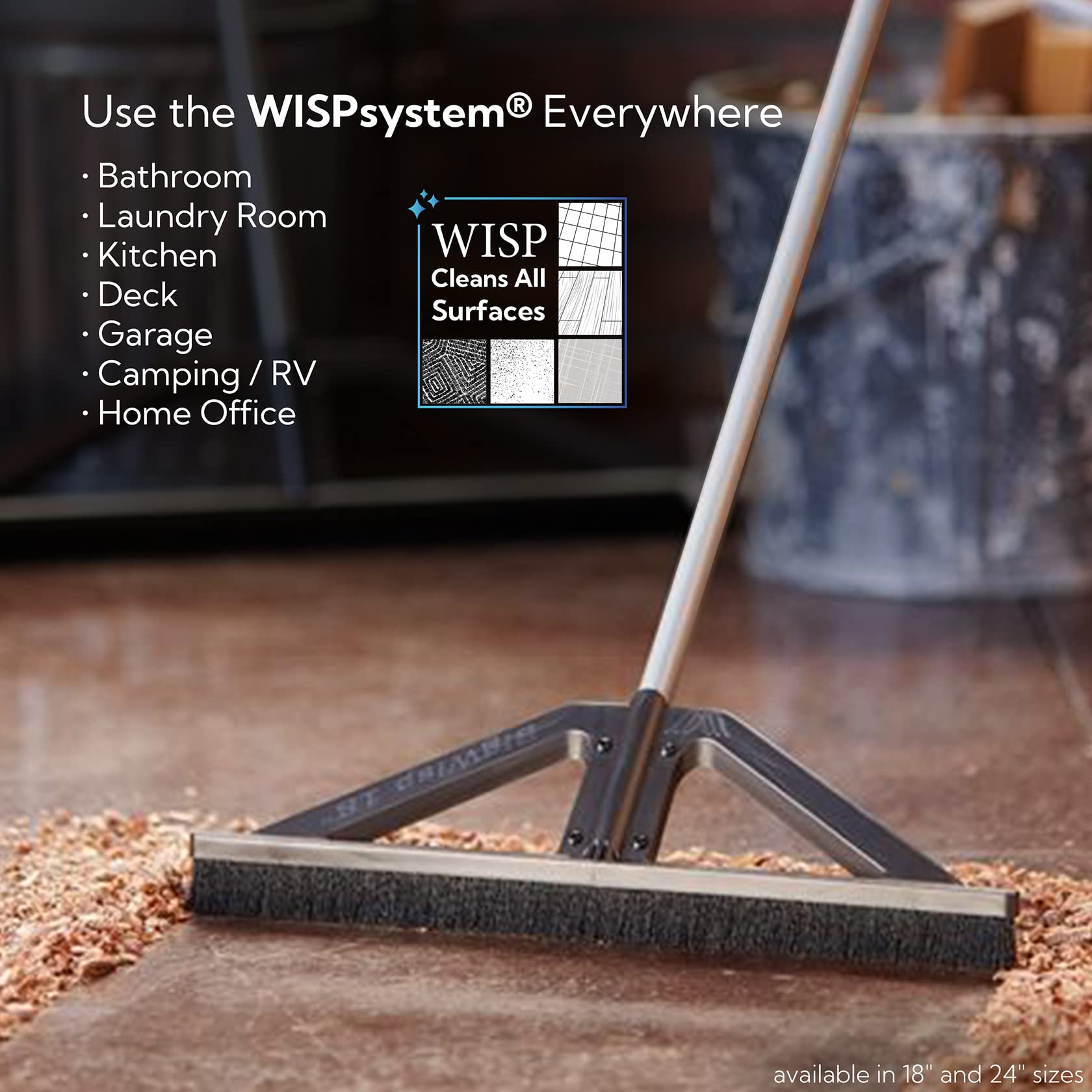 bigWISP, Lightweight Push Broom Outdoor Indoor Multi-Surface - Stiff Bristle Seal Technology and Adjustable Handle (Gray, 18")
