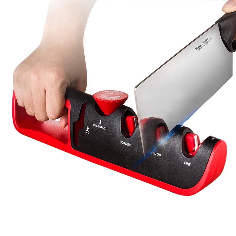 BWONE Knife Sharpener Kitchen Professional 4 in 1 Blade Sharpening Tool with Adjustable Angle Button, Suitable for Various Knives to Quickly Repair Restore Polish