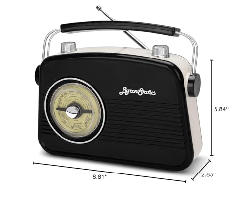ByronStatics Black AM FM Radio - Small Portable Radios Vintage/Retro with Headphone Jack, Large Analog Rotary Tuning Dial - Power Plug or 4 x 1.5V AA Battery