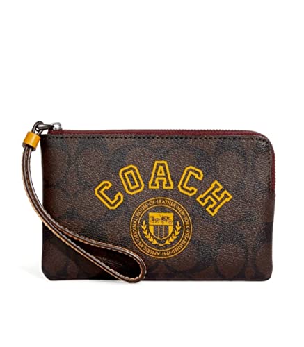 Coach Women Corner Zip Wristlet in Signature Canvas with Varsity Motif - Brown/Buttercup