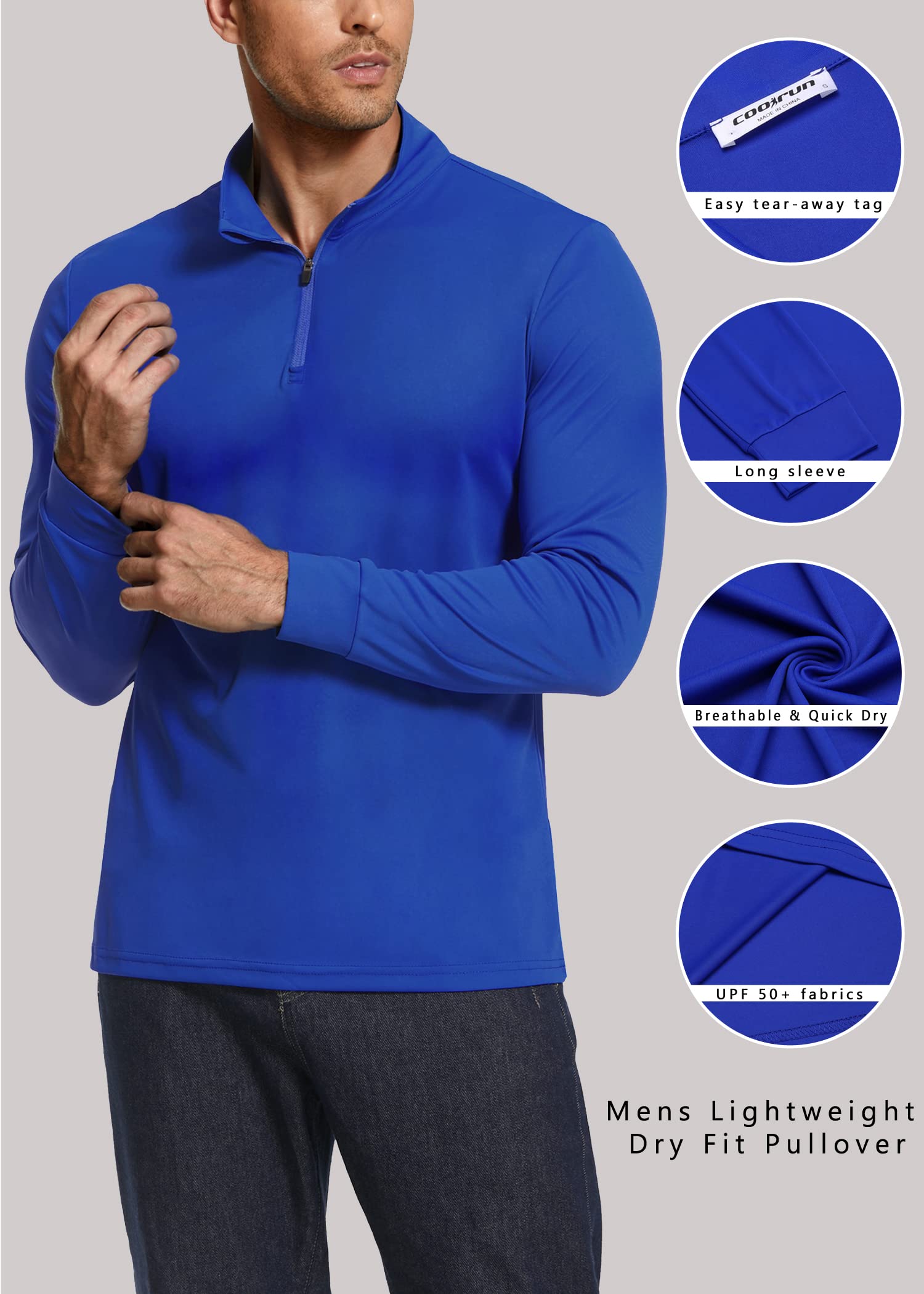 COOrun Men's Golf Shirts Long Sleeve Shirts Sports Polo Shirts Athletic Jersey Shirts 1/4-Zip Pullover Blue L