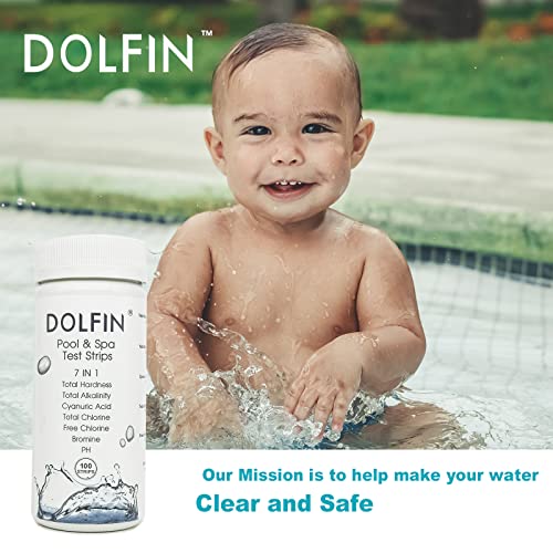 DOLFIN 7-Way Pool Test Strips, 150 Strips Water Chemical Testing for Hot tub and Spa, Accurate Test Bromine, Total Alkalinity, pH, Free Chlorine, Total Hardness, Cyanuric Acid, and Total Chlorine