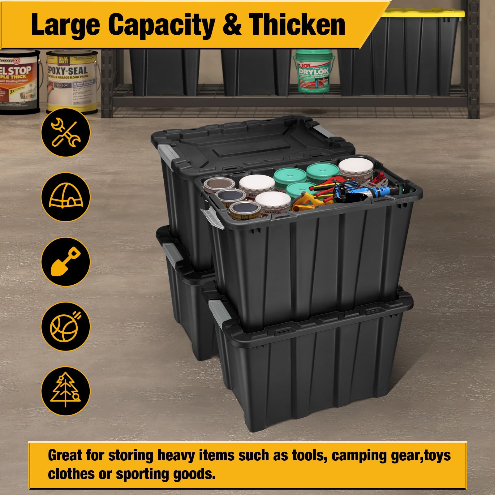 BROVIEW V12 11Gal Heavy Duty Plastic Storage Bins with Latching Lids, Stackable Tough Tote Storage Box Containers with Lock Hole & Handle for Garage Workshop Metal Rack (Black Base/Blue Lid, 4Pack)