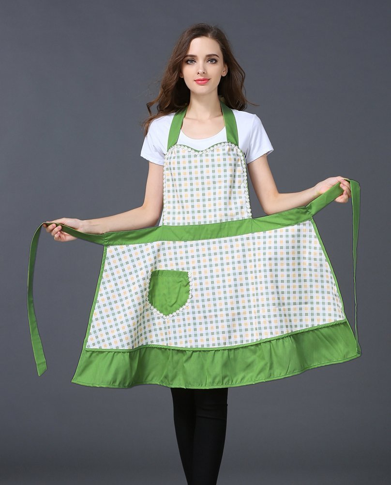 Cute Lovely Unique Design Women Girls Ladies Retro Apron with Chic Pocket for Cooking Kitchen, Green