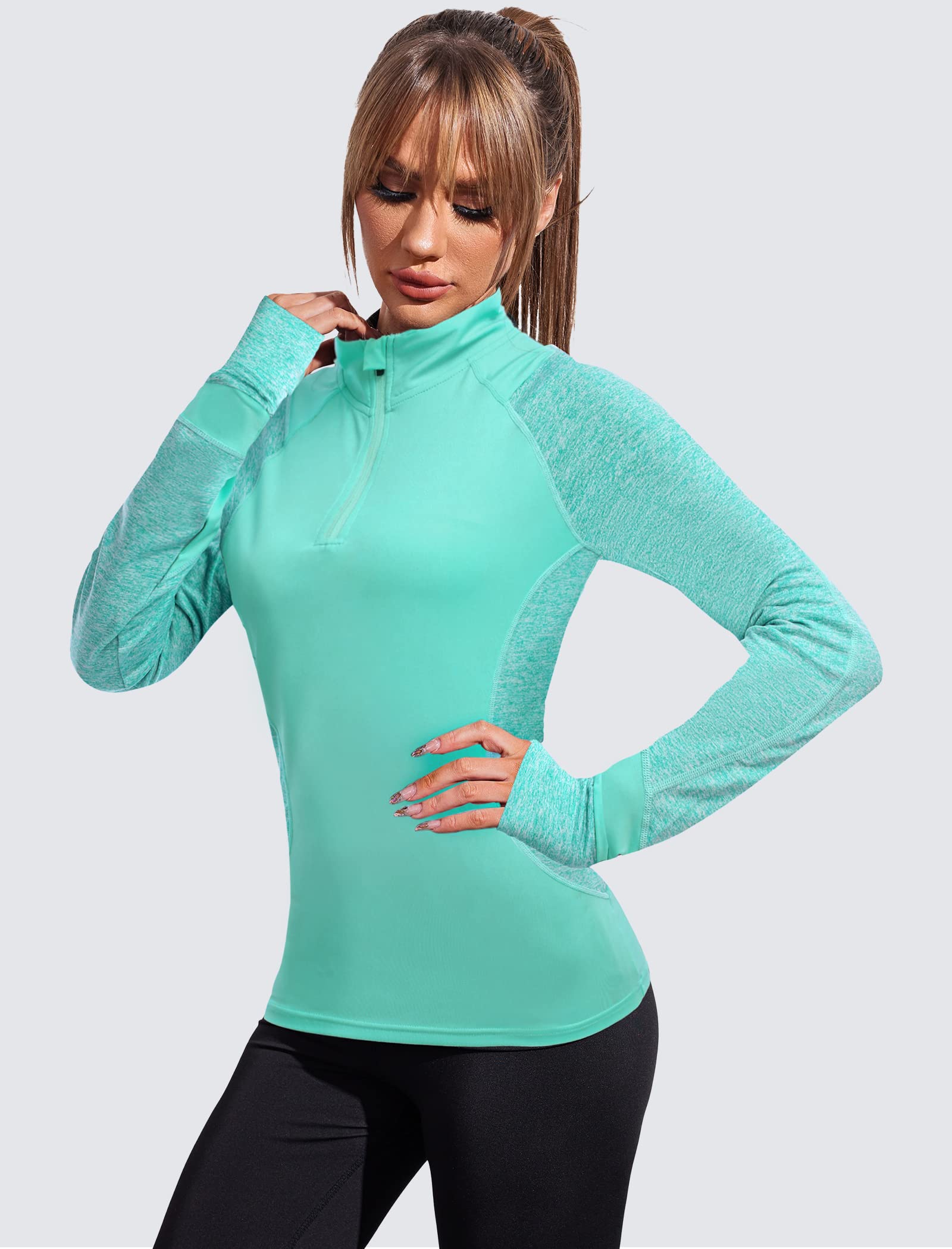 COOrun Women's Shirts Long Sleeve 1/4 Zip Pullover Athletic Hiking Running Workout Tops Quick Dry Shirt with Thumbhole Light Green Large