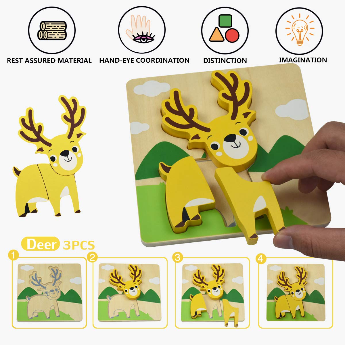 GYBBER&MUMU Wooden Thickened Animal Puzzle Toy Set Panda Deer Owl Duck Fox Puzzle Toy Hand-Eye Coordination Intellectual Toy Set for Preschool (Deer)