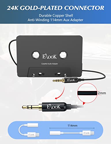 Elook 2023 Car Cassette Aux Adapter Kit, with Upgraded Smartphone to 3.5 mm Headphone Jack Adapter for Phone, MP3 ect. Black