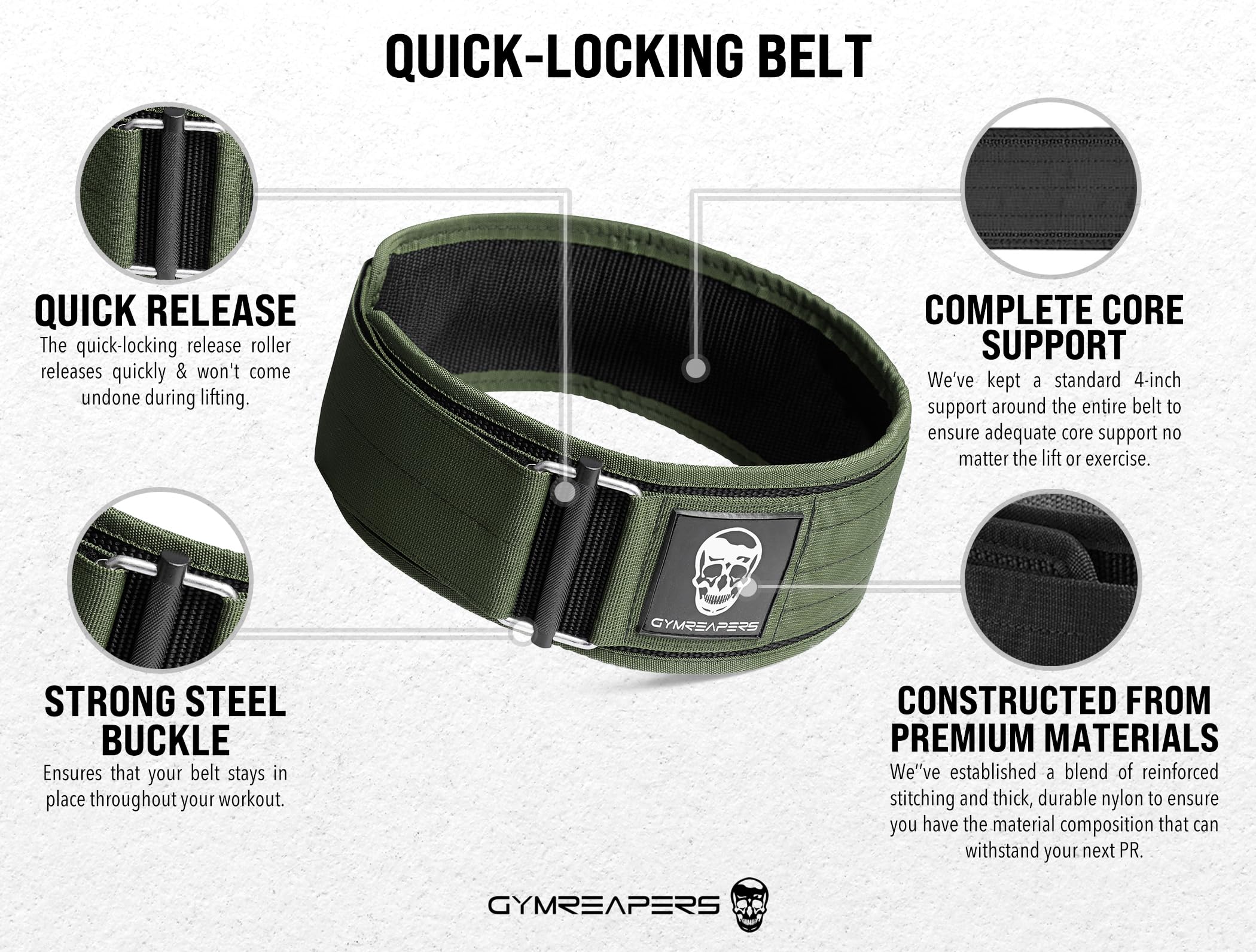 Gymreapers Quick Locking Weightlifting Belt for Bodybuilding, Powerlifting, Cross Training - 4 Inch Neoprene with Metal Buckle - Adjustable Olympic Lifting Back Support (Ranger Green, X-Large)