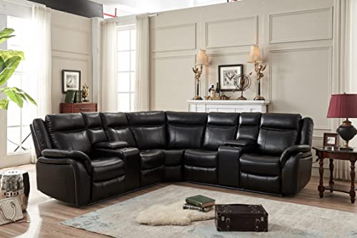 Elountik Symmetrical Power Reclining Sectional Sofa with LED Strip, Storage Console, Cup Holders with Built-in USB Charging Port; Home Theater Power Reclining Sofa Couch (Power Reclining Black)
