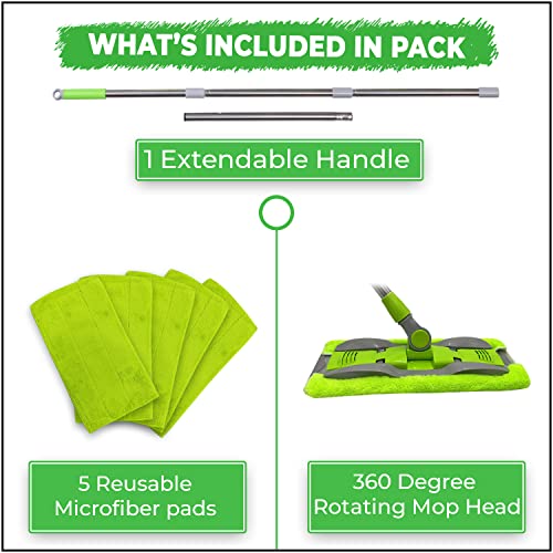 ITSOFT Microfiber Hardwood Floor Mop - Stainless Steel Handle with Extension and 5 Reusable Mop Pads, for Wet or Dry Floor Cleaning, Green