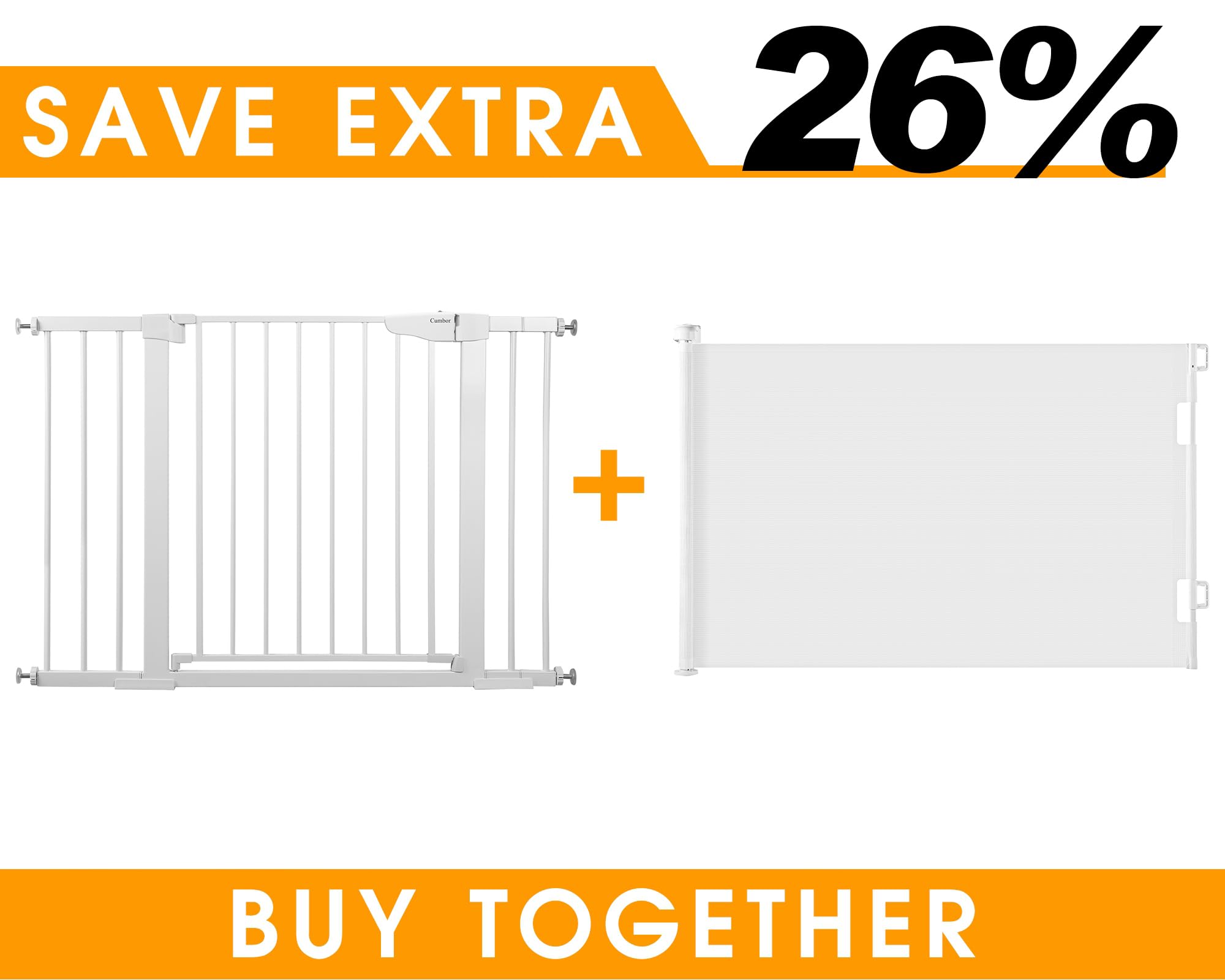 Cumbor 29.7-46" White Baby Gate & Cumbor 0-55" White Retractable Baby Gate for Stairs, Wide Safety Gates for Kids or Pets, Child Gate for Doorways, Hallways, Indoor, Outdoor