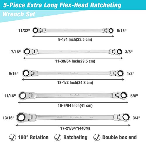 DURATECH 5-Piece Extra Long Flex-Head Ratcheting Wrench Set & 5-Piece Extra Long Box End Wrench Set, CR-V Steel