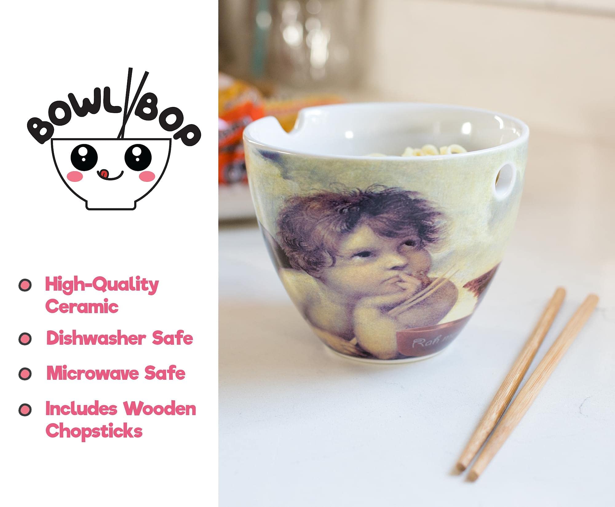 Bowl Bop Cherub Fine Art Japanese Ceramic Dinnerware Set | Includes 16-Ounce Ramen Noodle Bowl and Wooden Chopsticks | Asian Food Dish Set for Home & Kitchen