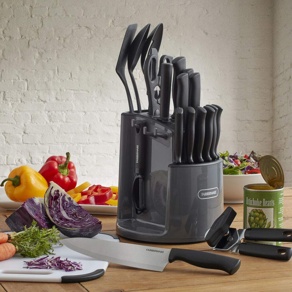Farberware 30-Piece Spin-and-Store Knife and Kitchen Tool Set with Rotating Storage Caddy, High Carbon-Stainless Steel Kitchen Knives, Razor-Sharp Knife Set, Black