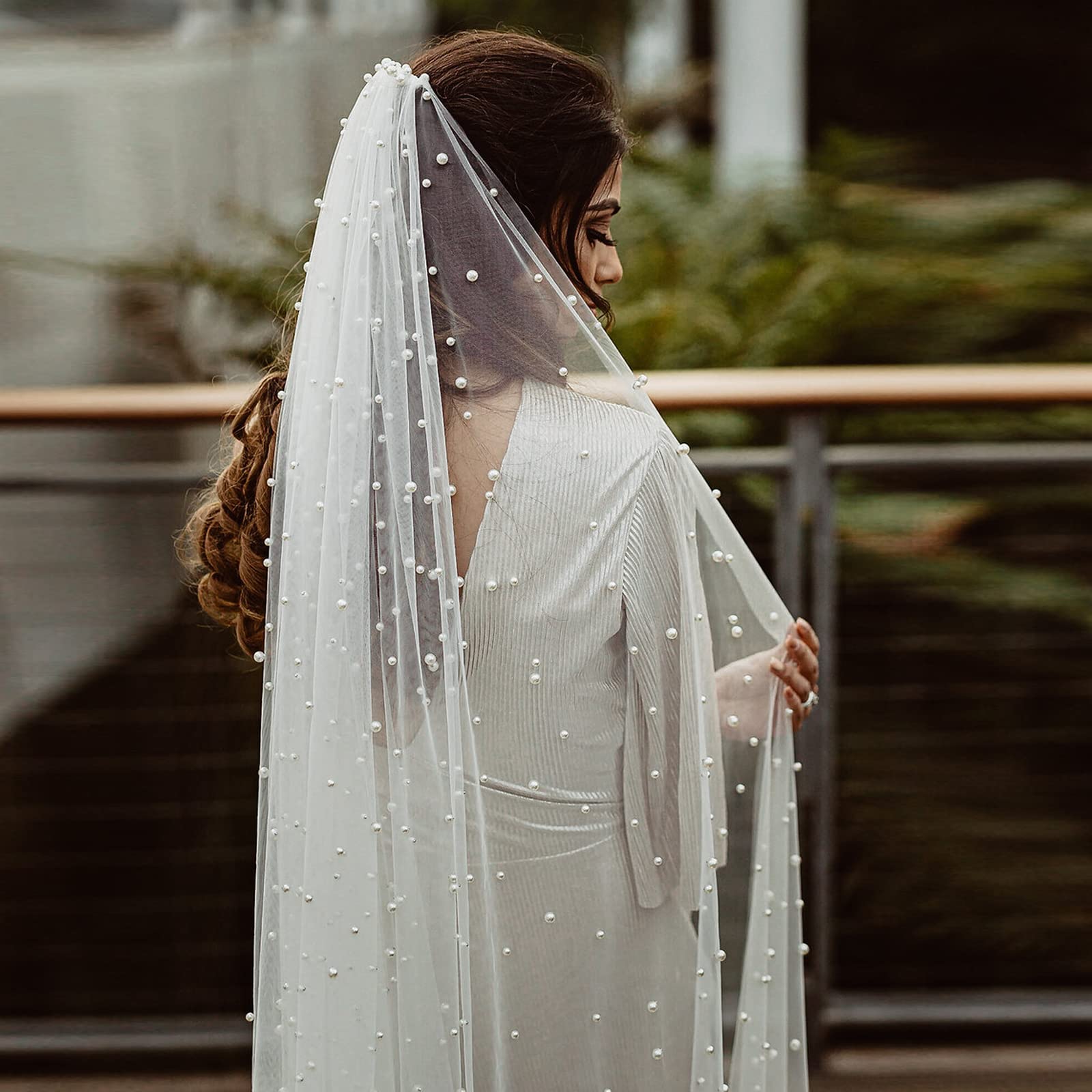 Bridal Wedding Veil 118" Long Cathedral Length Pearl Bridal Veil with Comb Y