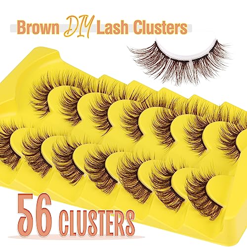 Brown Lash Clusters Natural Looking 3D Wispy Brown Eyelash Extensions 56 Pcs DIY Fluffy Individual Lashes by Mavphnee