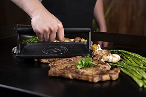 Blackstone 5553 Pre-Seasoned Cast Iron Griddle Press Medium Heavy Duty-Meat, Burger, Bacon, Steak, Panini, Sandwich, Sausage Heat Resistant Rubber Handle-10” x 5.5” (Rectangle), Black