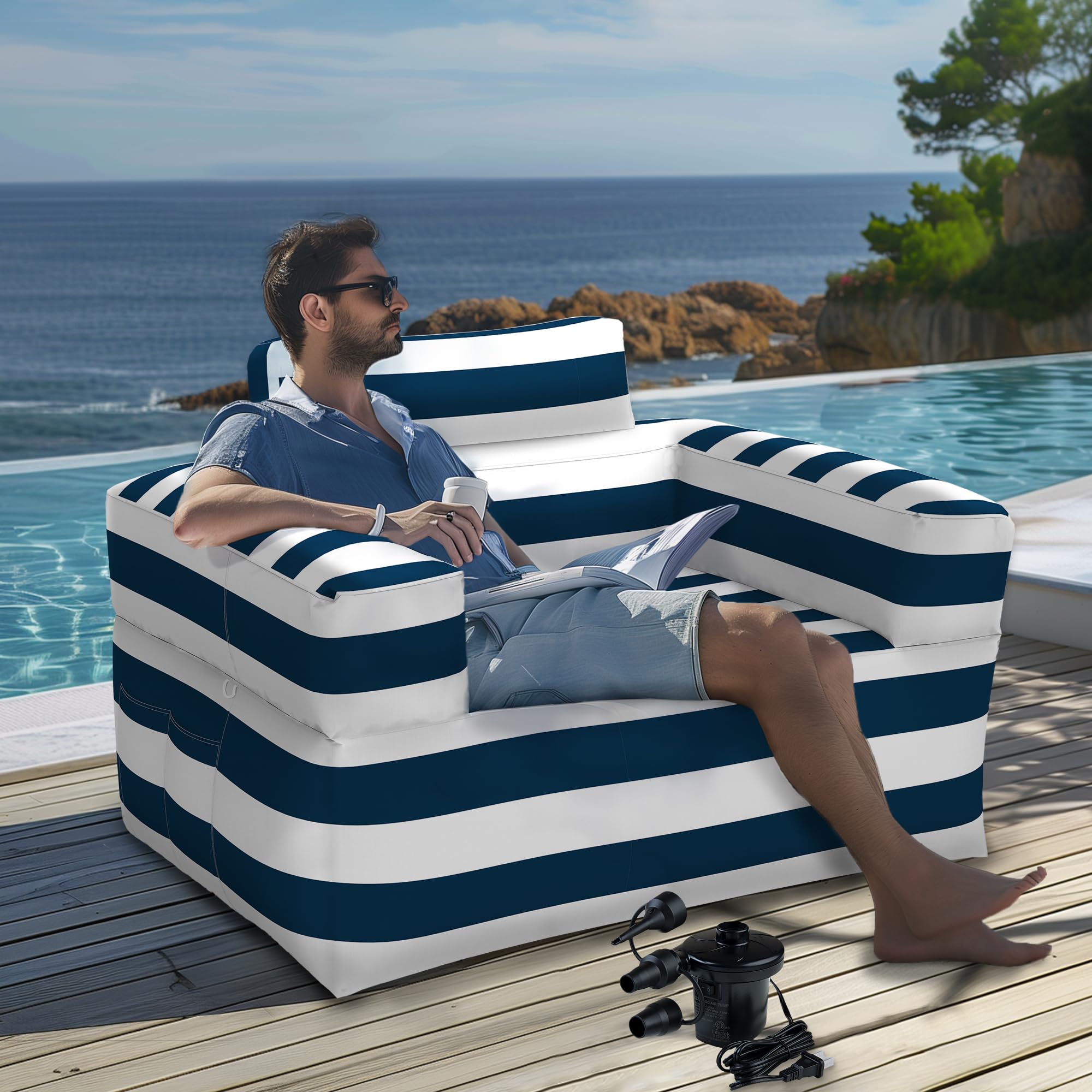 Codi Outdoor Inflatable Sofa with Air Pump – Waterproof Blow-Up Couch for Adults – Perfect for Patio, Camping, Backyard, and Beach – Portable Sofa with Handle - Black and White