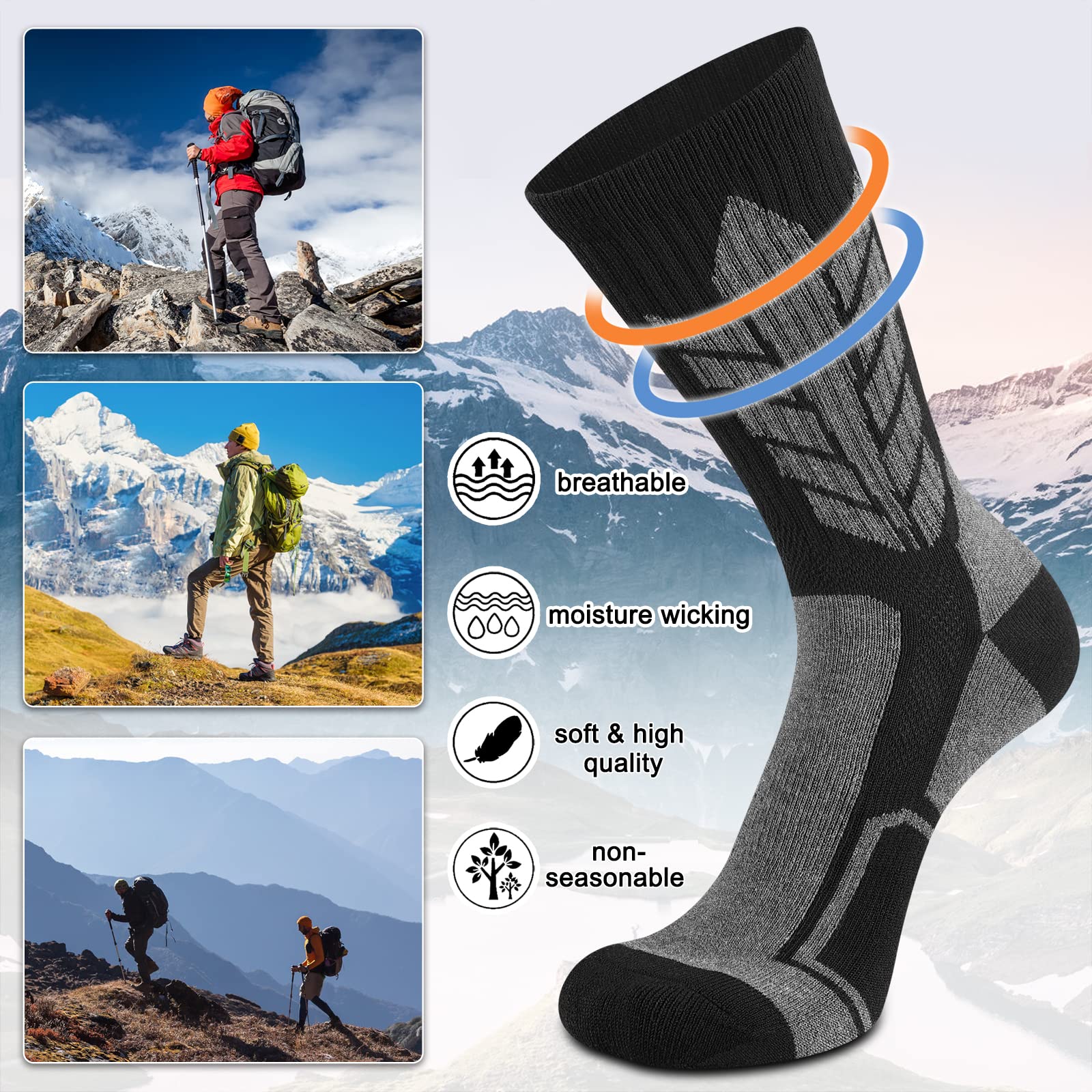 COOVAN Mens Hiking Socks Crew Cushion Athletic Elastic Arch Support Running Tab Crew Socks 5 Pairs