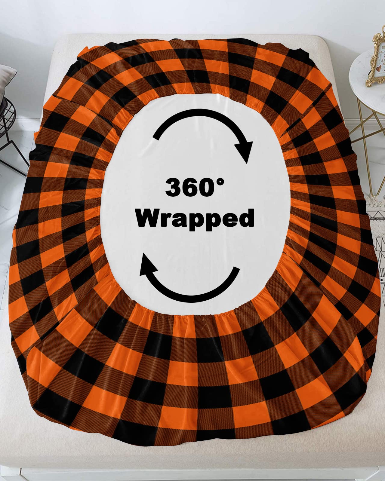 Farmhouse Orange Black Buffalo Plaid Fitted Bed Sheets Full Size Fit 5-16inch Deep Pockets,Luxury Bottom Sheet Bedding Set with Pillow Case,Gingham Lattice Fitted Sheet for Mattress