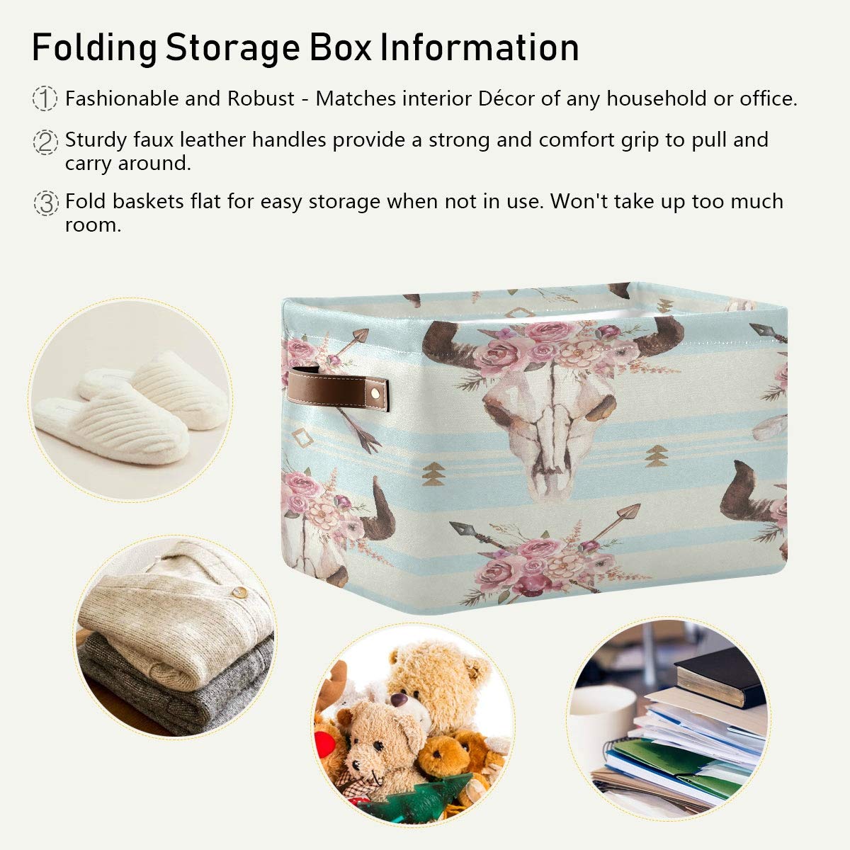 Collapsible Storage Bin Cube Floral Flower Animal Cow Skull Laundry Basket Hamper Toy Cloth Organization Bag with Handle for Pantry Nursery Home Office Shelve,2 PCS
